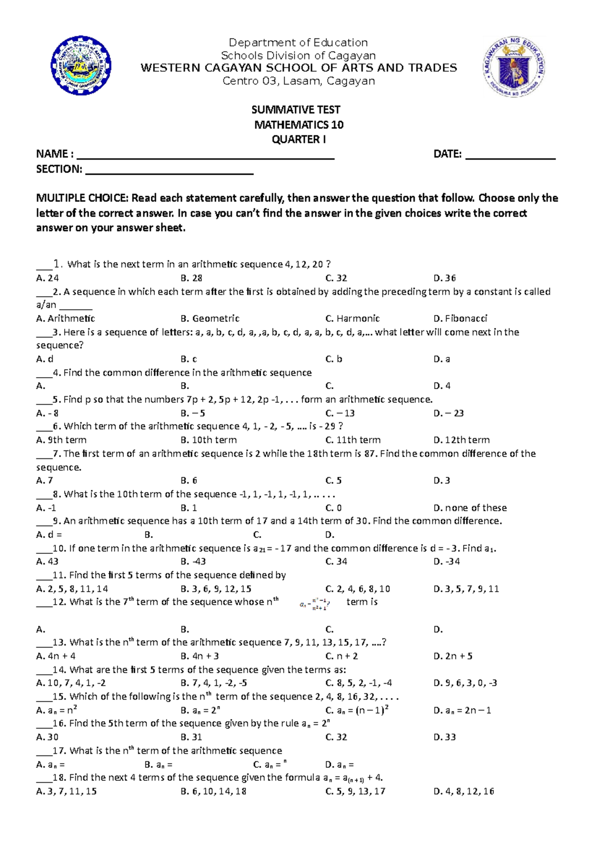 Summative TEST IN MATH 10 - Department of Education Schools Division of ...