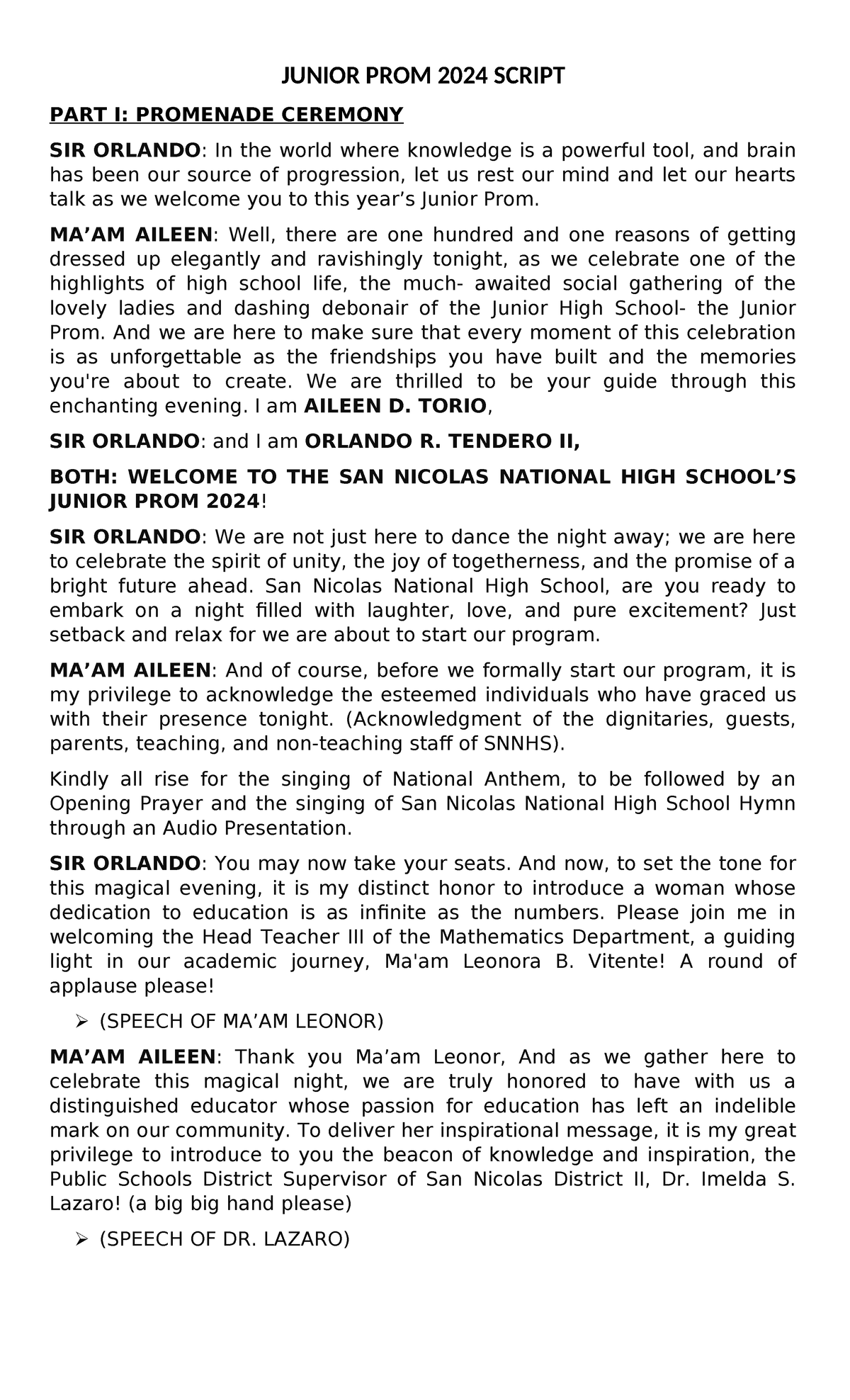 Junior Prom 2024 Script for San Nicolas National High School - Studocu