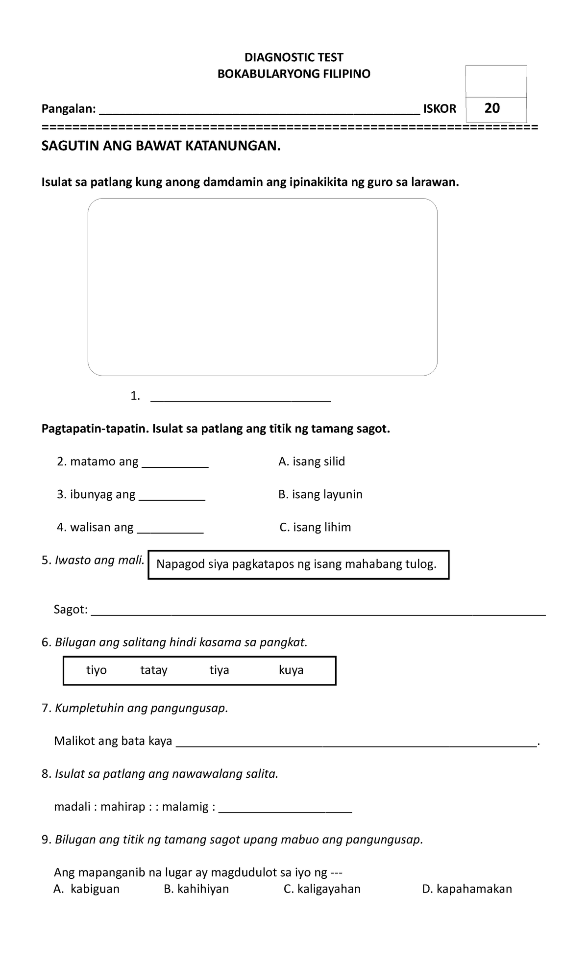Pdfslide - NOTES - DIAGNOSTIC TEST BOKABULARYONG FILIPINO Pangalan ...