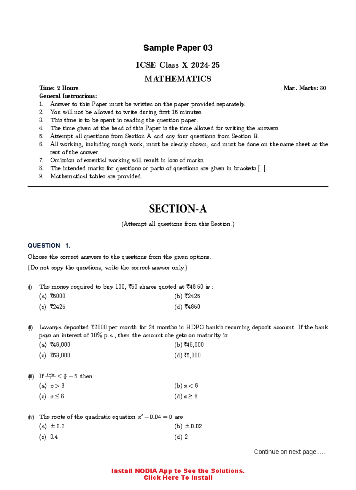 ICSE 10th Mathematics Sample Paper 03 - 2024-25 - Studocu