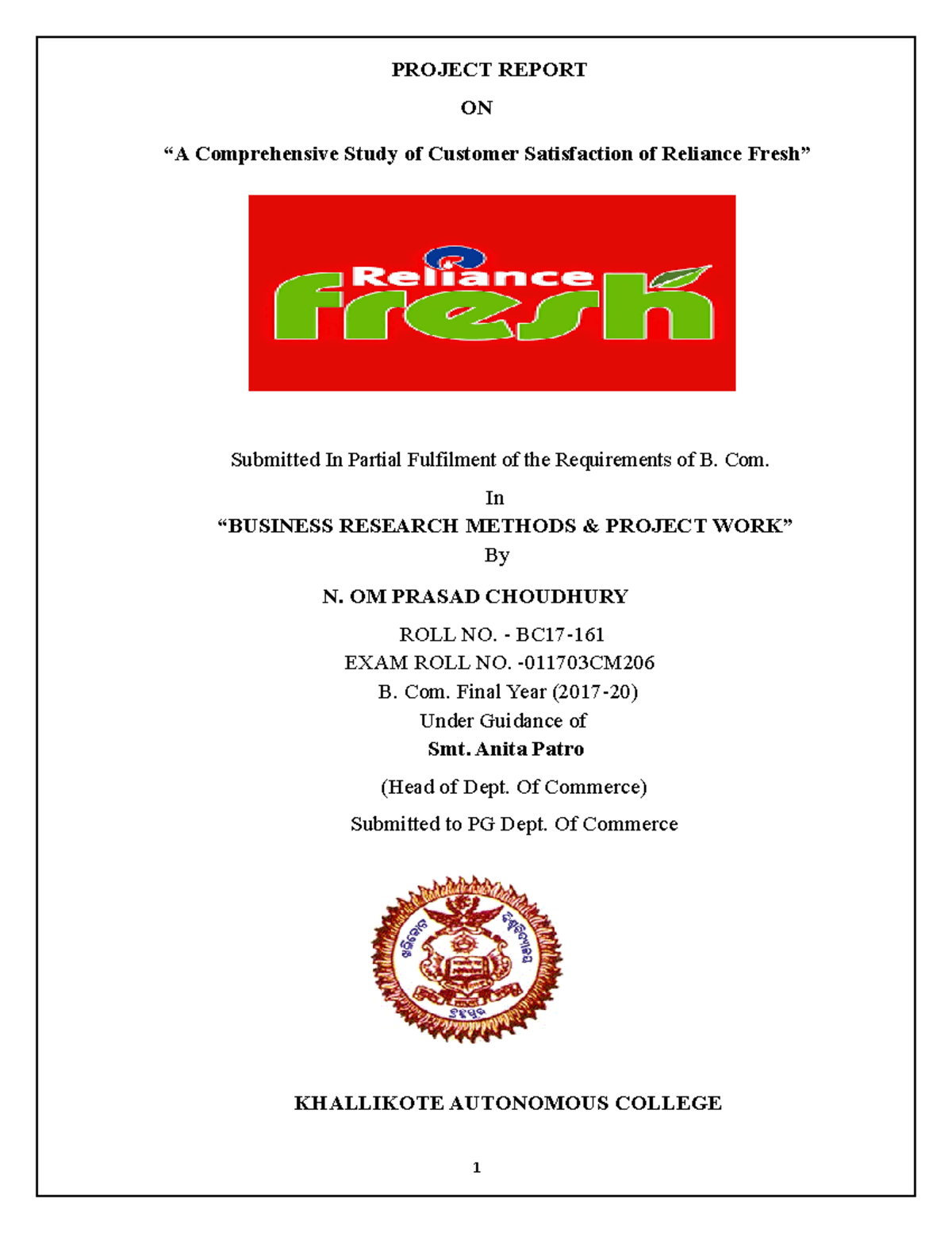 B. Com. Final Year Project Report: Customer Satisfaction Study of ...