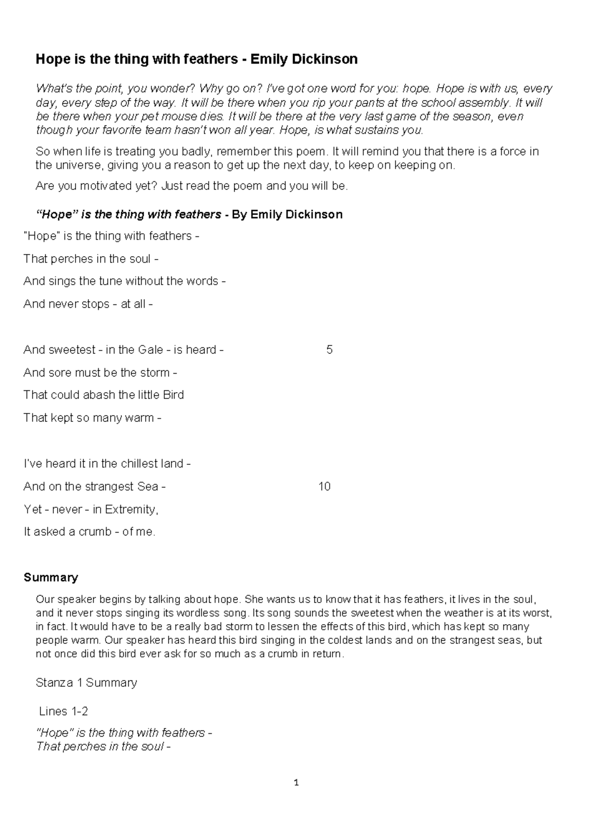 ENG 101: "Hope is the Thing with Feathers" - Insightful Notes on ...