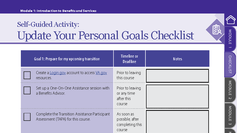 VA Benefits Personal Goals Checklists: Module 1-6 Overview - Studocu