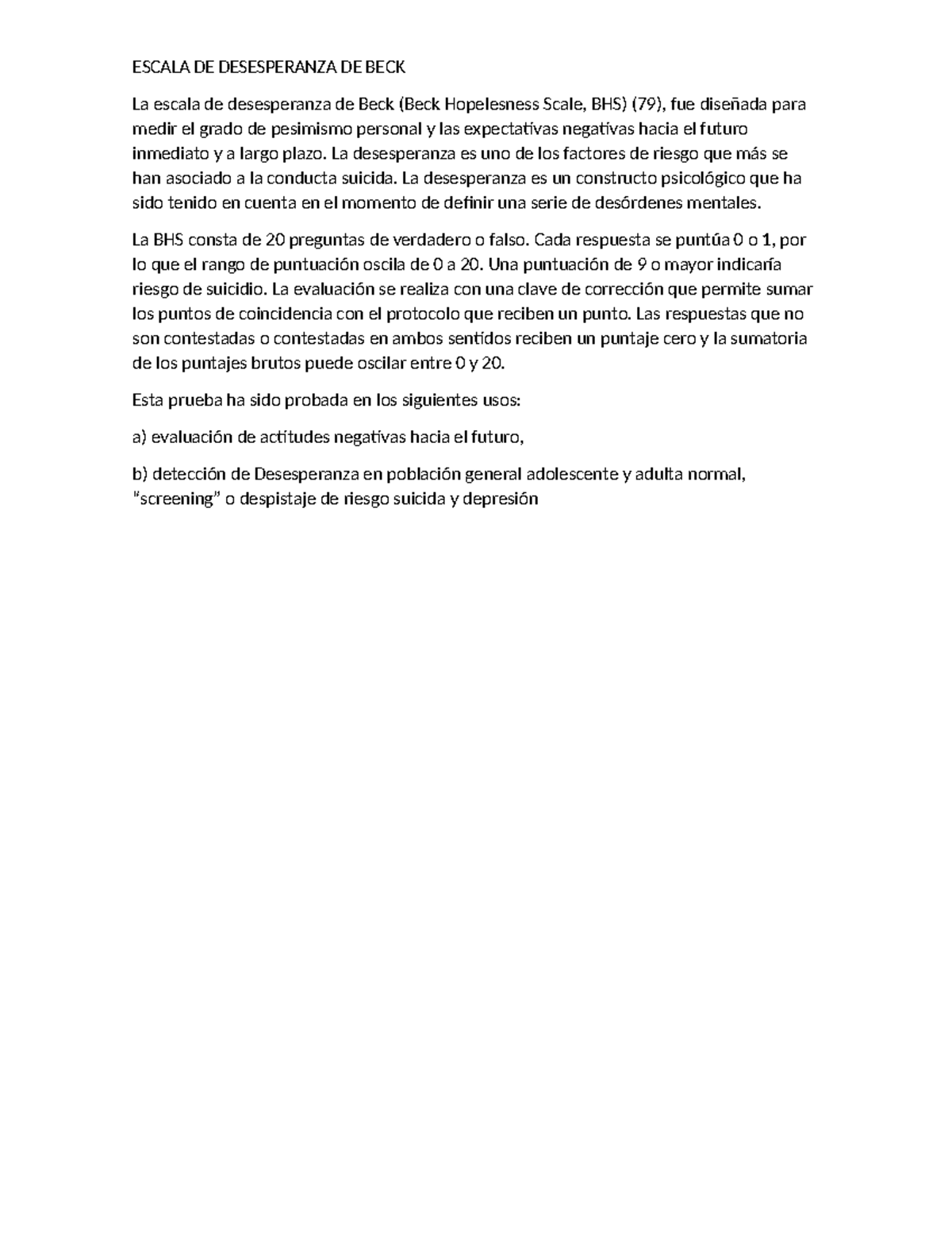 ESCALA DE DESESPERANZA DE BECK (BHS) - Análisis y Aplicaciones - Studocu