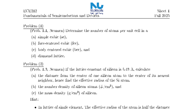 ECE212 Fall 2025 Semiconductors & Devices Sheet 1 Problems - Studocu