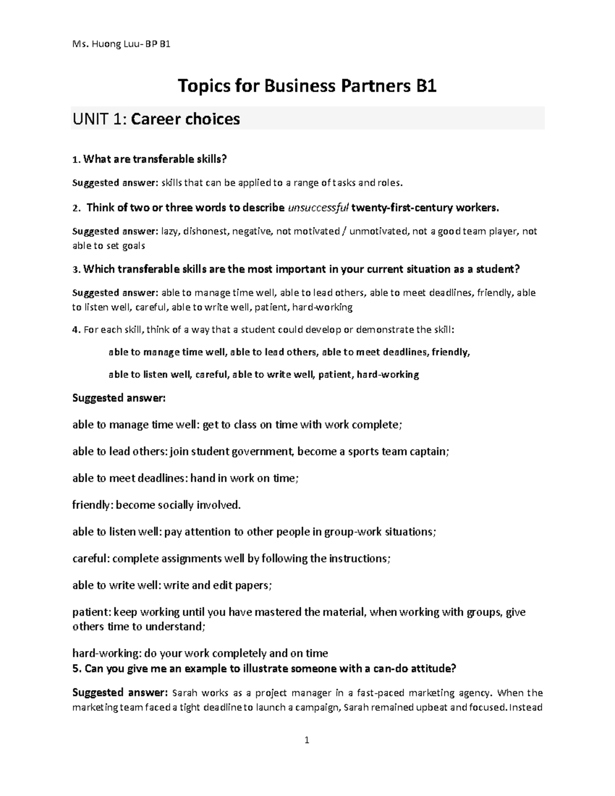 Business Partners B1 Speaking Topics: Career Choices & Skills ...