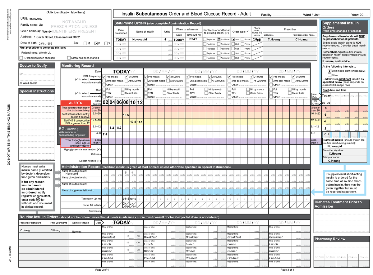 Insulin Order & Blood Glucose Record - Adult URN: 55662157 (1.6) - Studocu