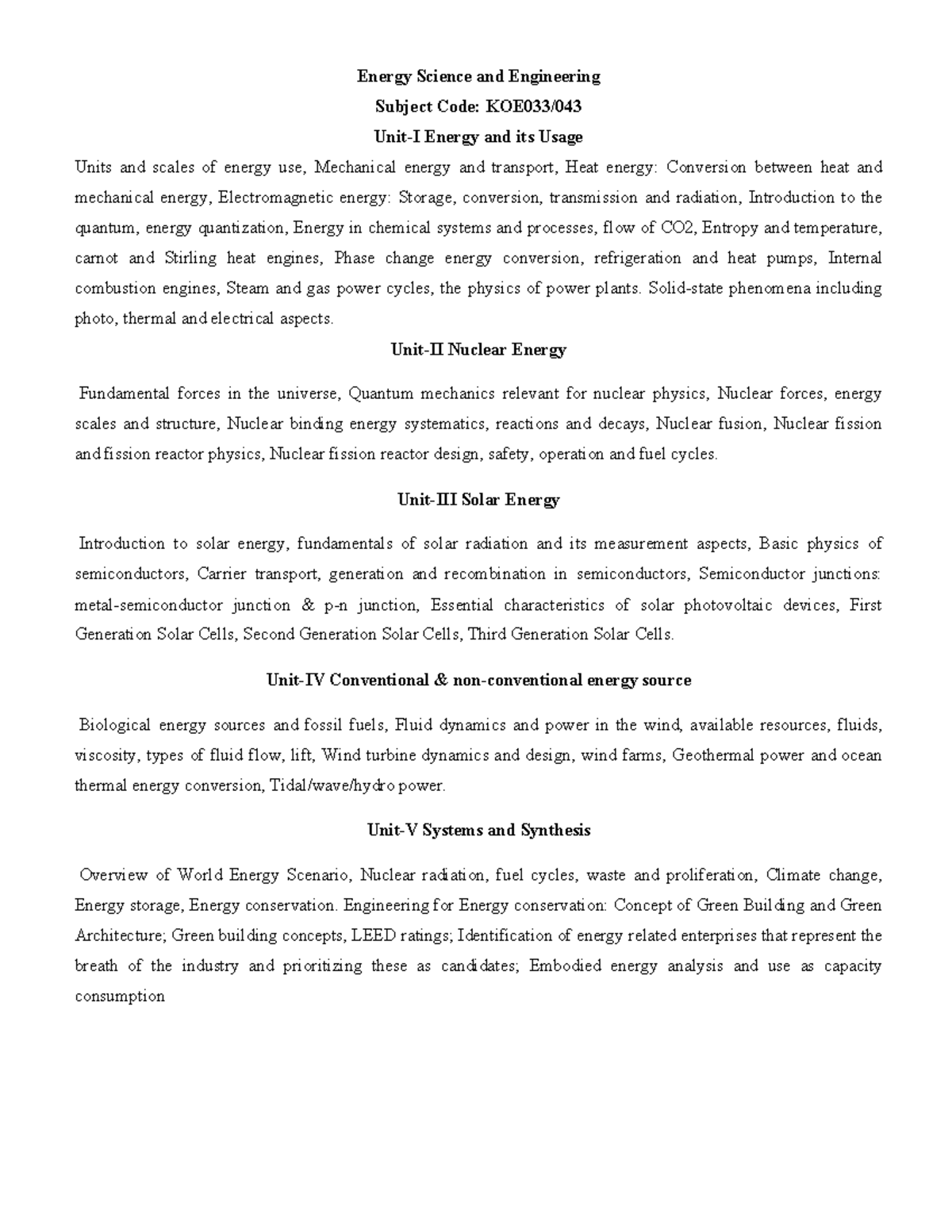 Energy Science KOE033: Unit 1 - Energy and Its Usage Overview - Studocu