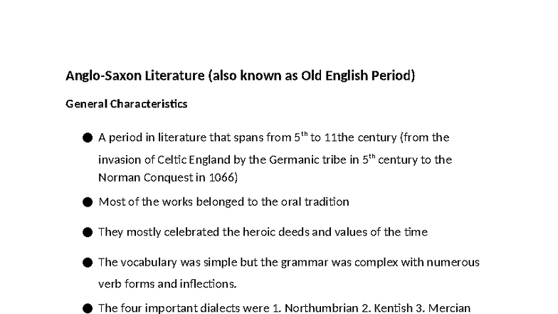 Anglo-Saxon Literature (Part 1): Characteristics & Key Works - Studocu