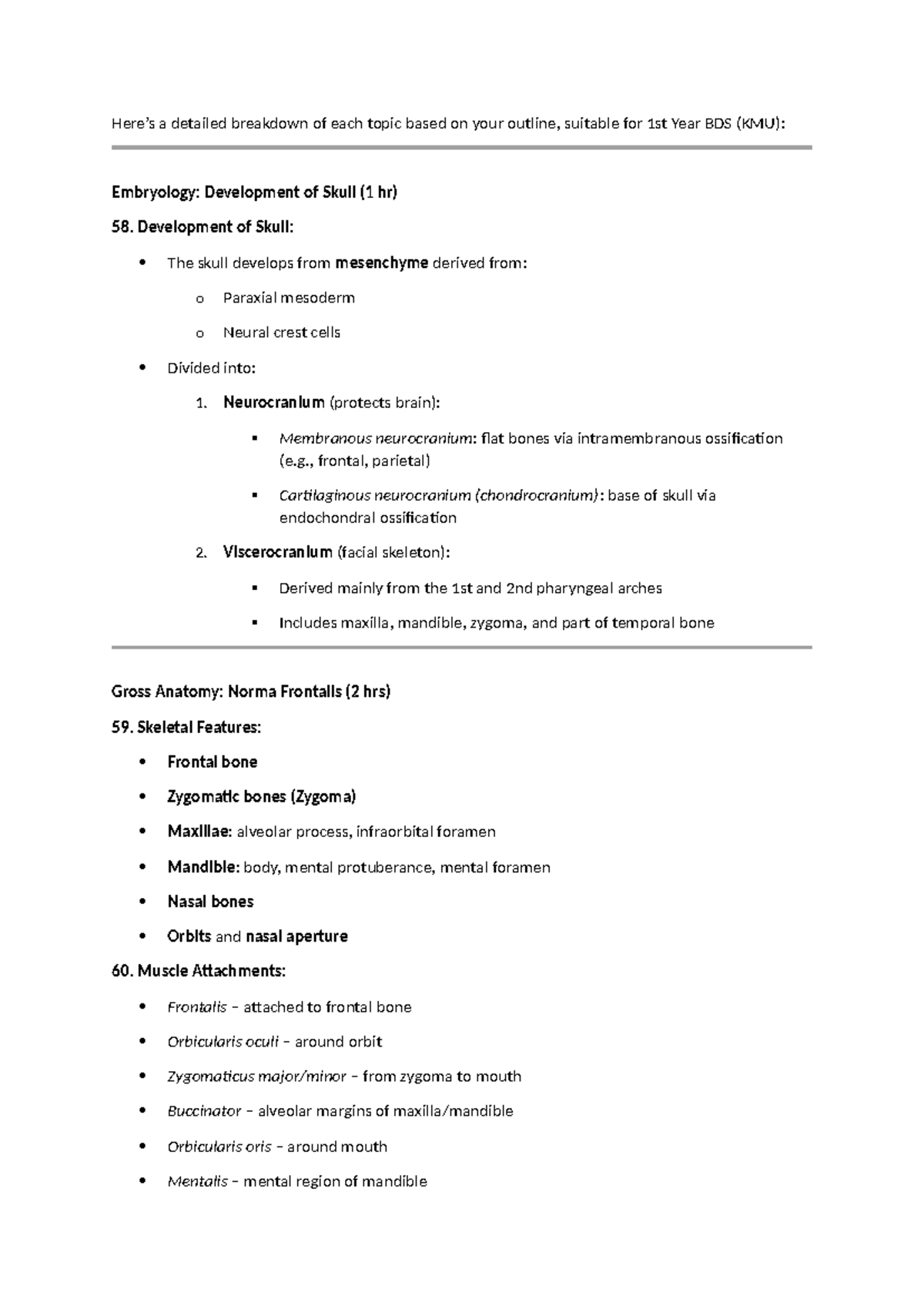 1st Year BDS (KMU) Lecture Notes: Embryology & Anatomy of the Skull ...