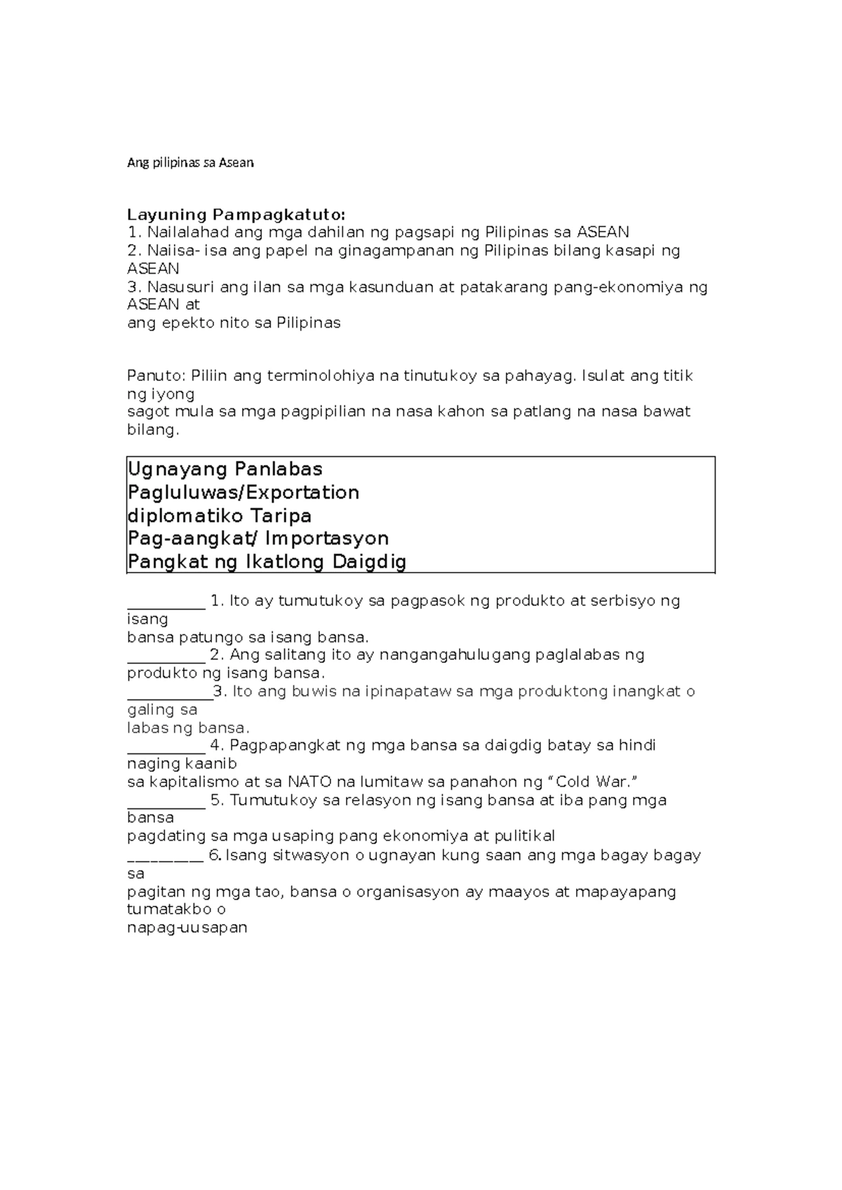 Week 4 ap 7 lessson - lesson plan for ap - Ang ASEAN at Hamon ng Likas ...
