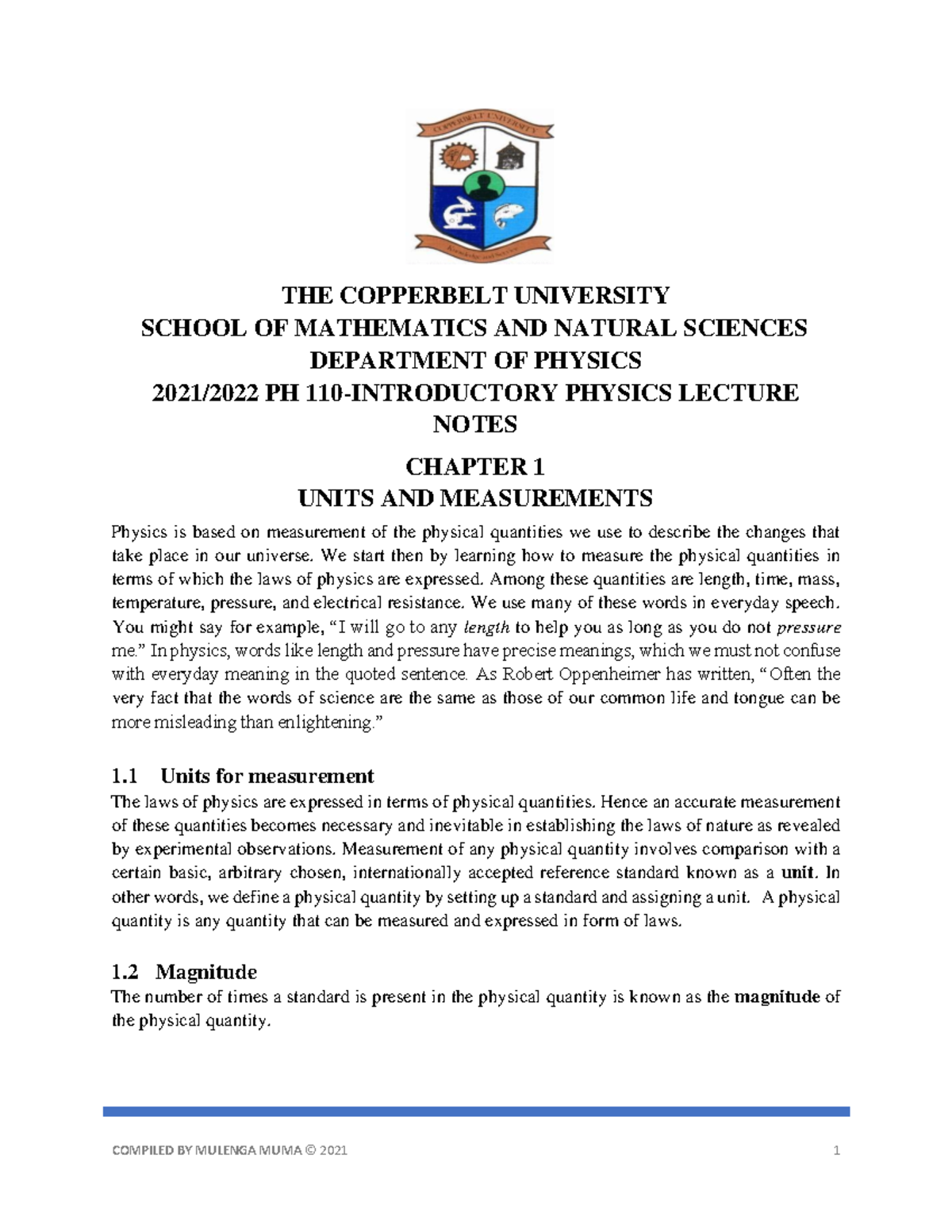 PH 110 - Introductory Physics Lecture: Chapter 1 Units & Measurements ...
