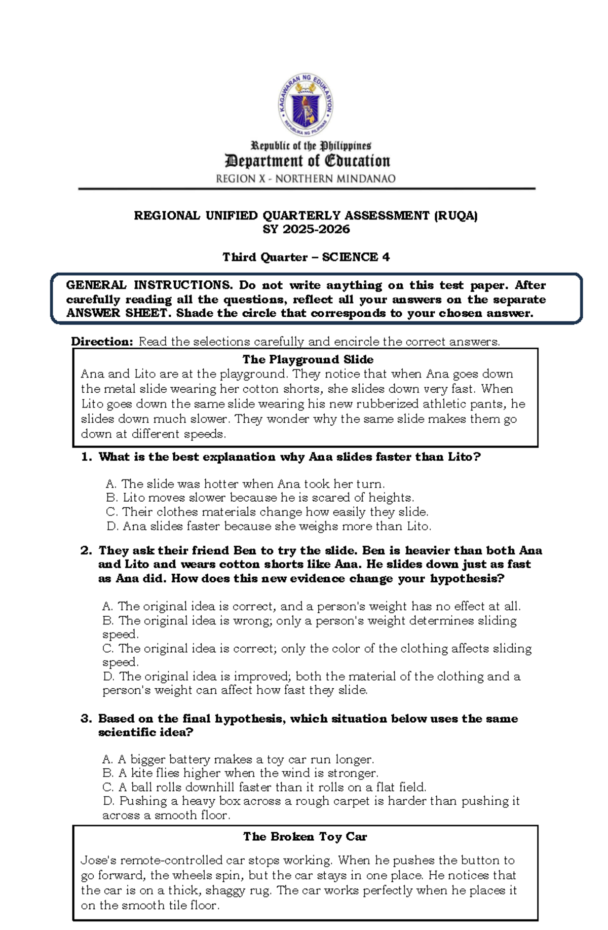 Science 4 - 3rd Quarter RUQA: Regional Unified Assessment Guide - Studocu