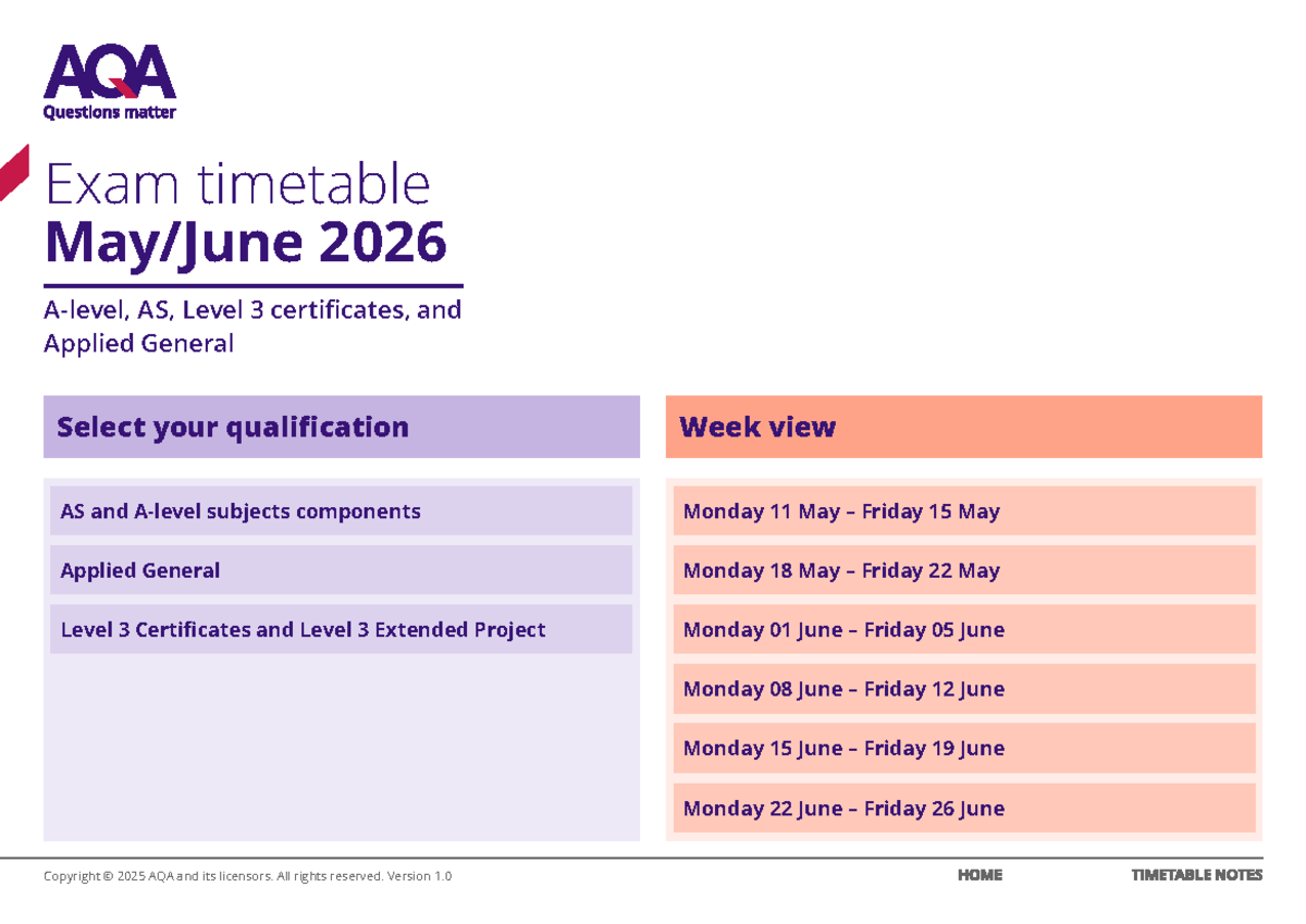 AQA Exam Timetable 2026: AS Level and Applied General - Studocu