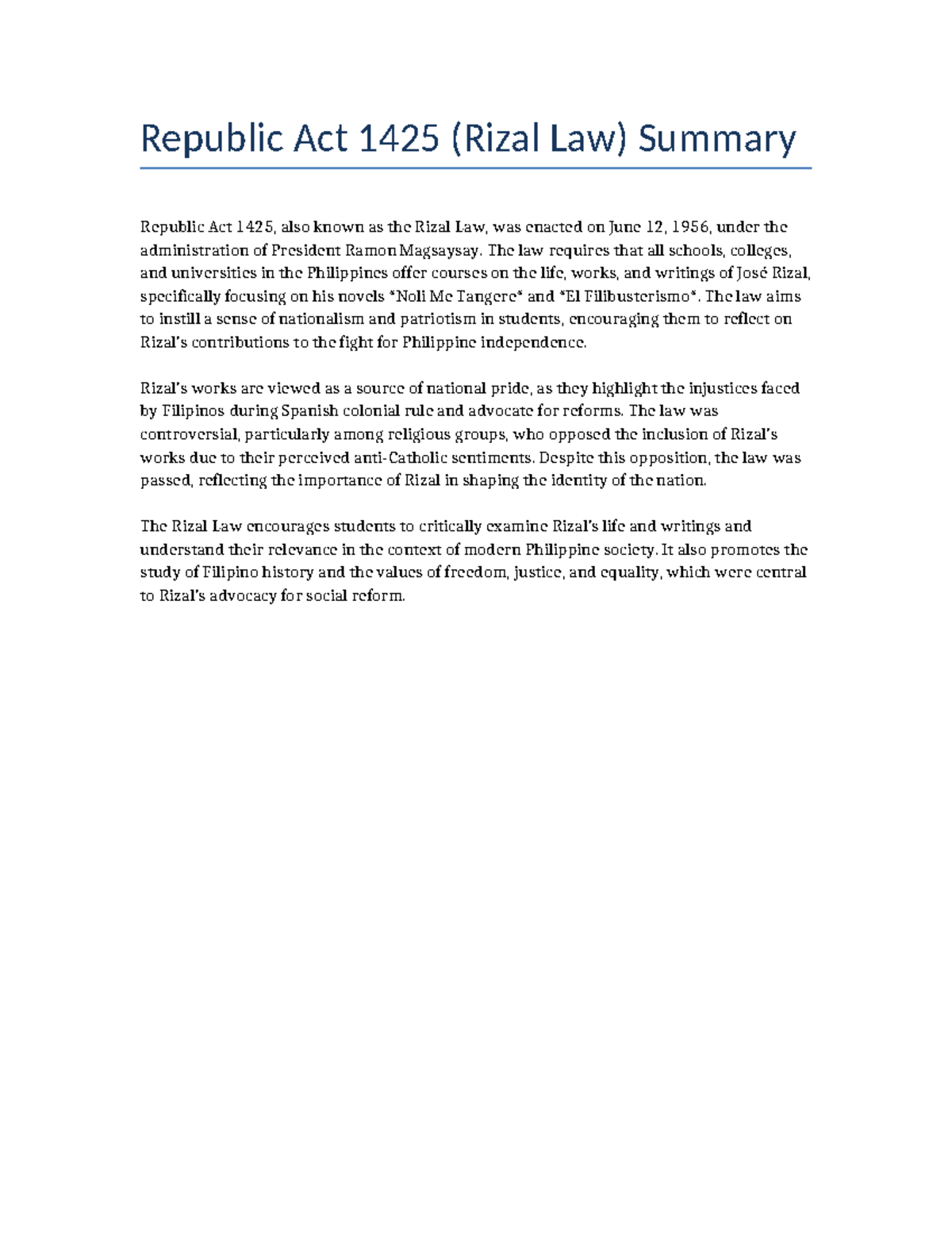 Summary of Republic Act 1425 (Rizal Law) - RA1425 - Studocu
