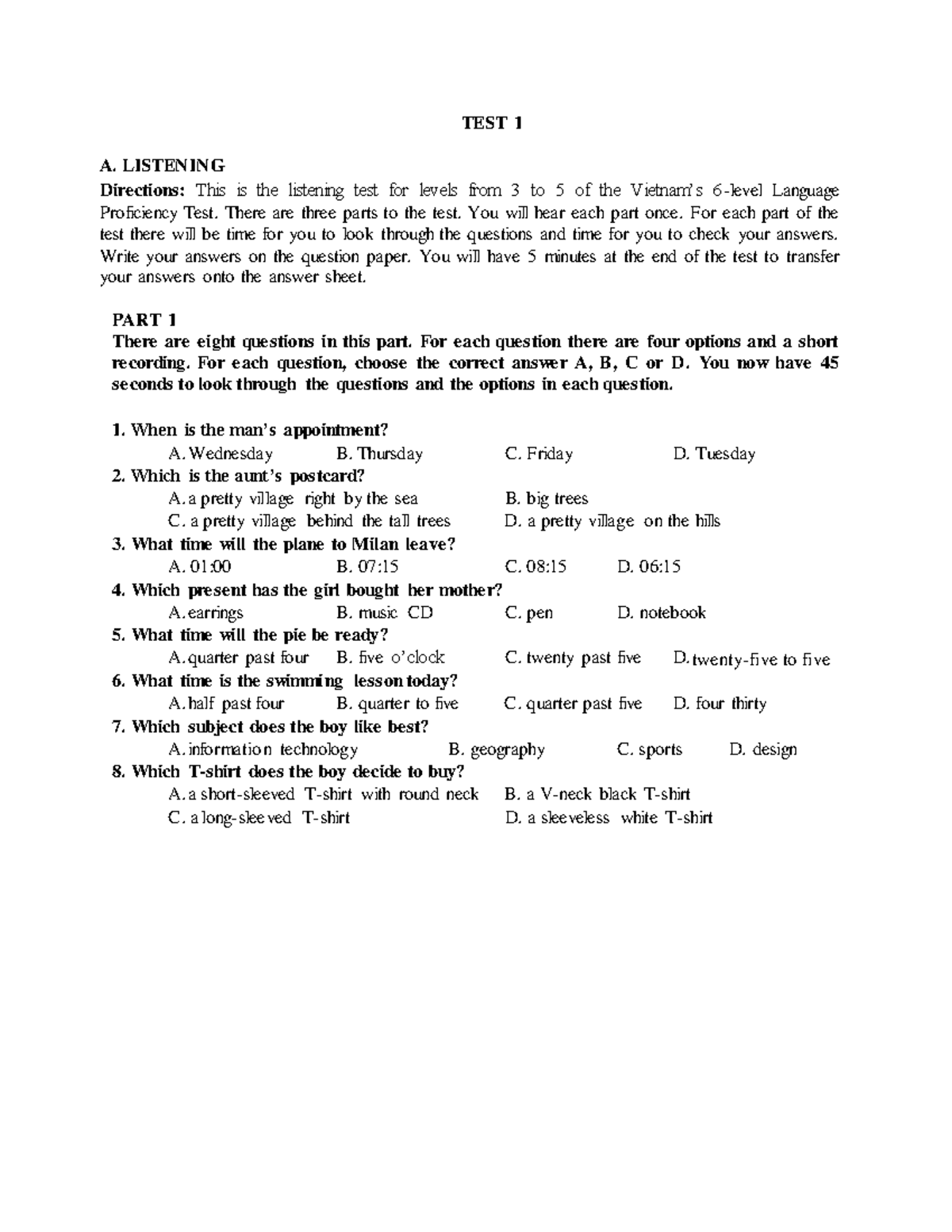 Listening Practice Test 1: Language Proficiency Levels 3-5 - Studocu