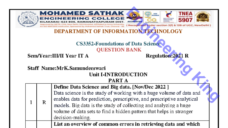 CS3352 Question Bank: Important Topics by Unit for Data Science - Studocu
