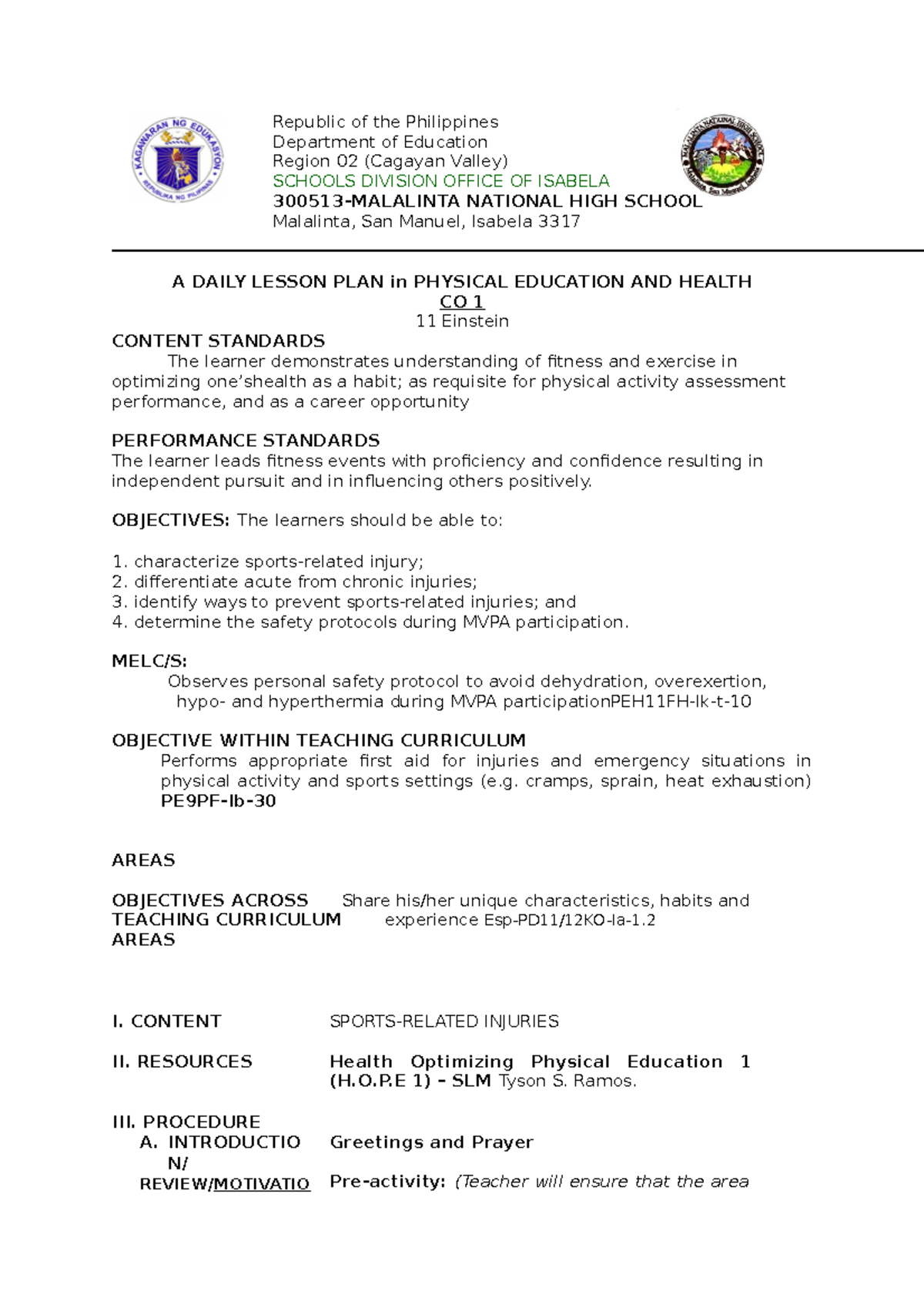 CO-DLL - Daily Lesson Plan for PE and Health (PEH11FH-Ik-t) - Studocu