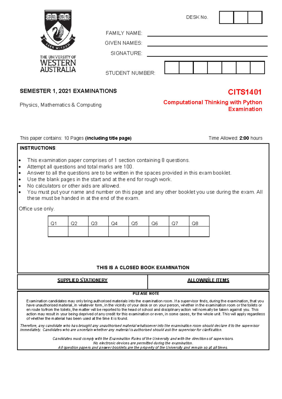 CITS1401 Final exam S1 2021 - DESK No. FAMILY NAME: GIVEN NAMES ...