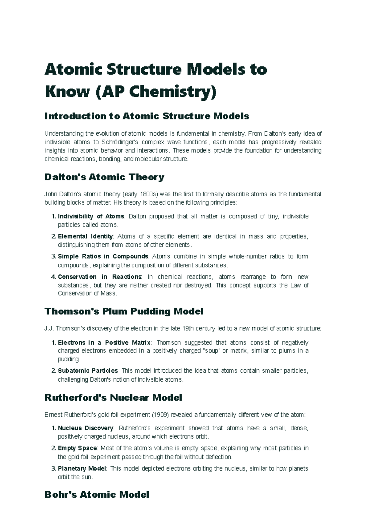 Understanding Atomic Structure Models (AP Chemistry) - Studocu
