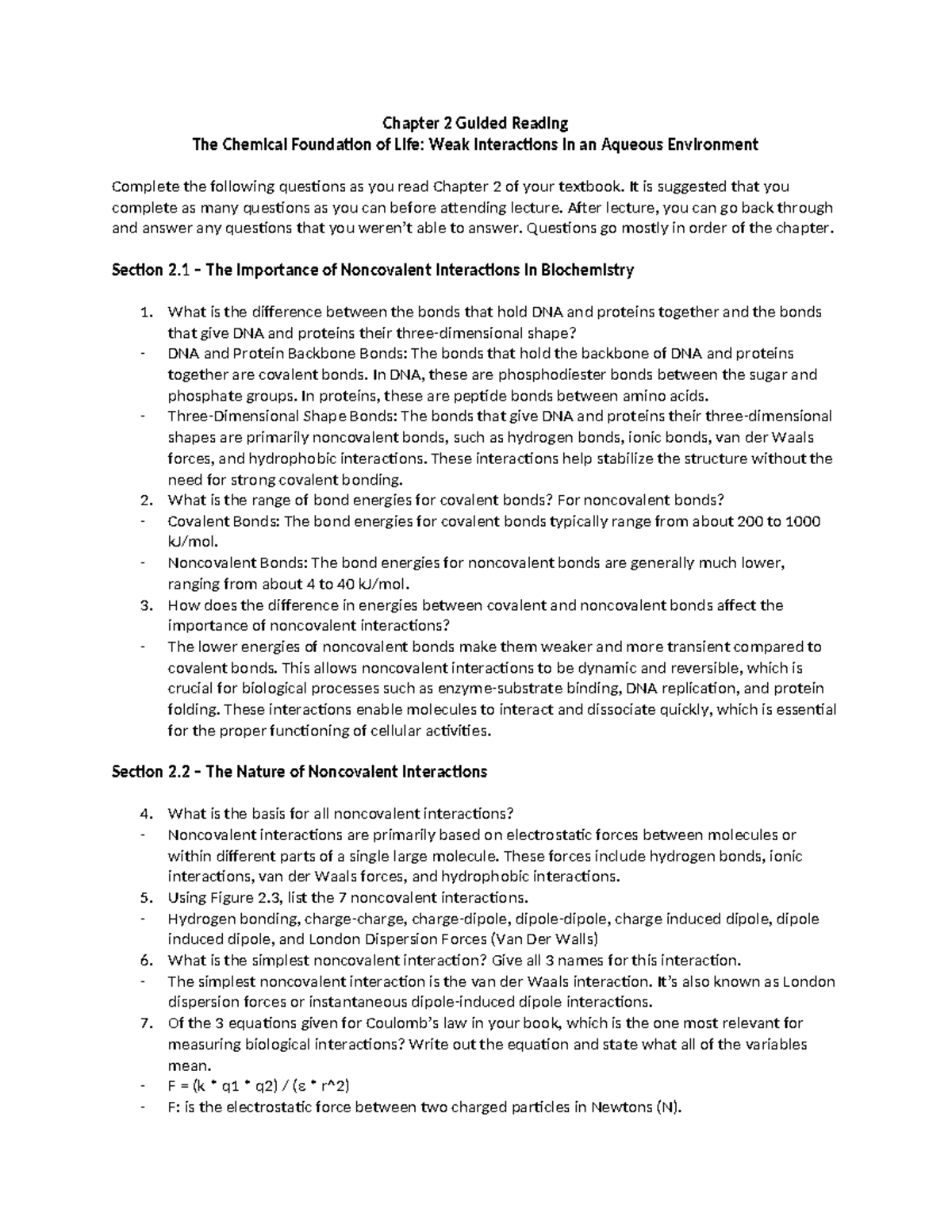 Chapter 2 Guided Reading - Chapter 2 Guided Reading The Chemical ...