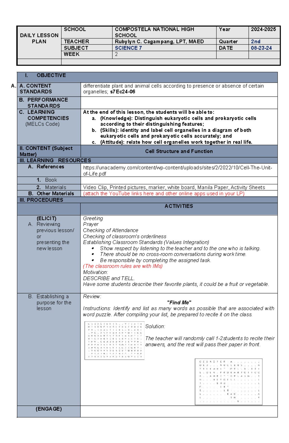 DAILY LESSON PLAN: SCIENCE 7 - CELL STRUCTURE & FUNCTION - Studocu