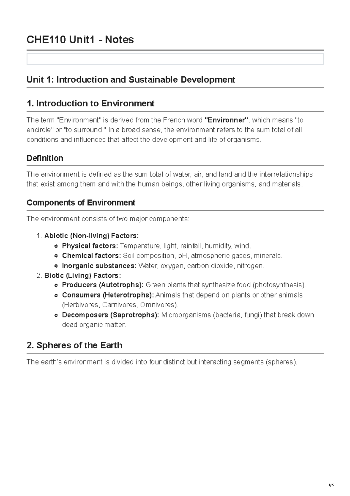 CHE110 Unit 1 Notes: Introduction to Environment & Sustainability - Studocu