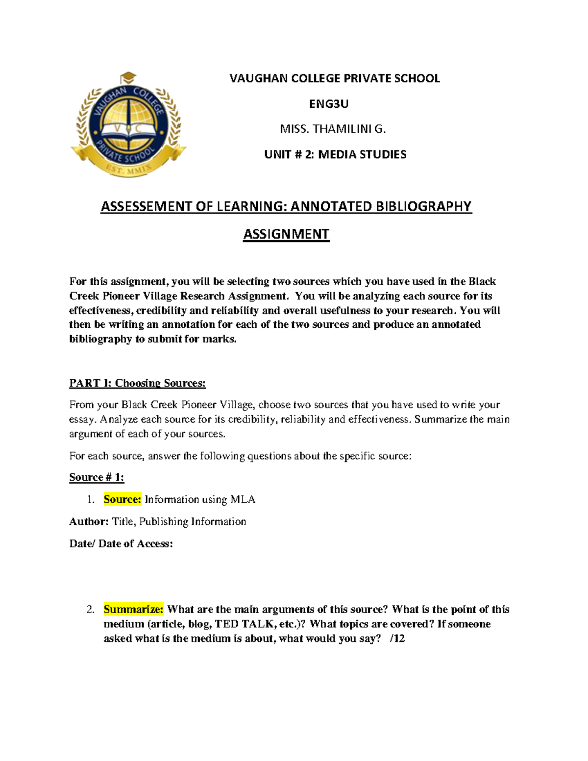 Annotated Bibliography assignment - VAUGHAN COLLEGE PRIVATE SCHOOL ...