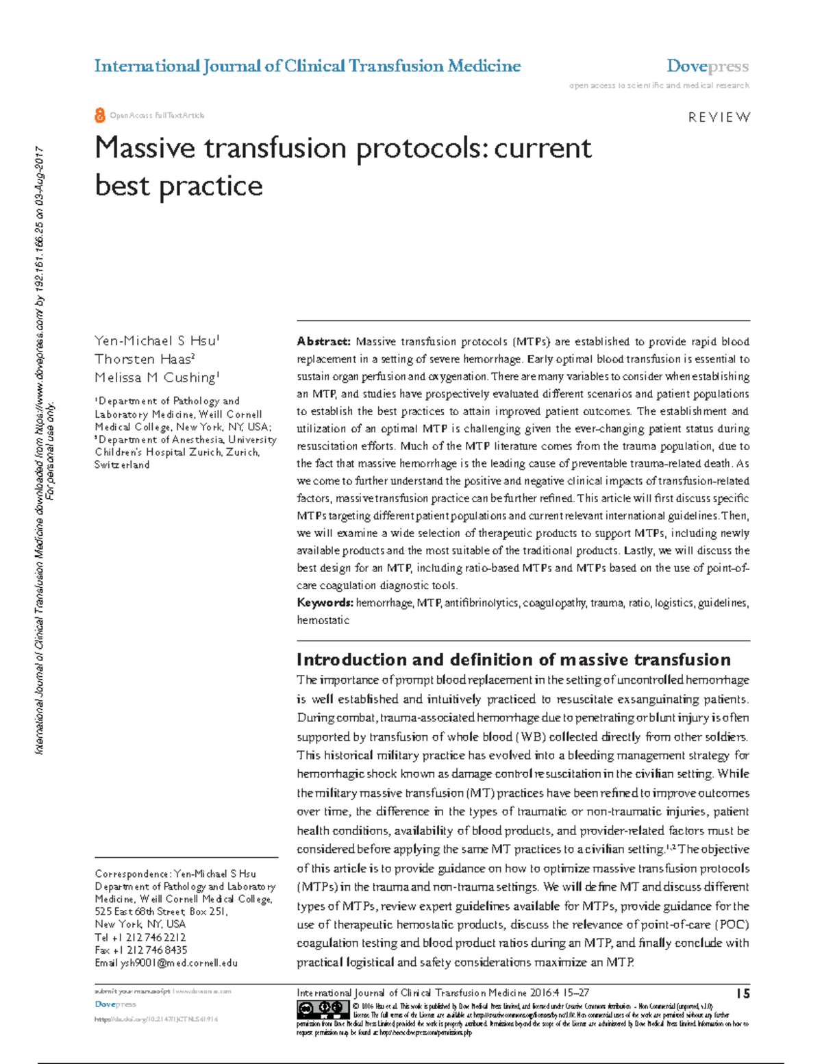 Massive transfusion protocols current best practic - © 2016 Hsu et al ...