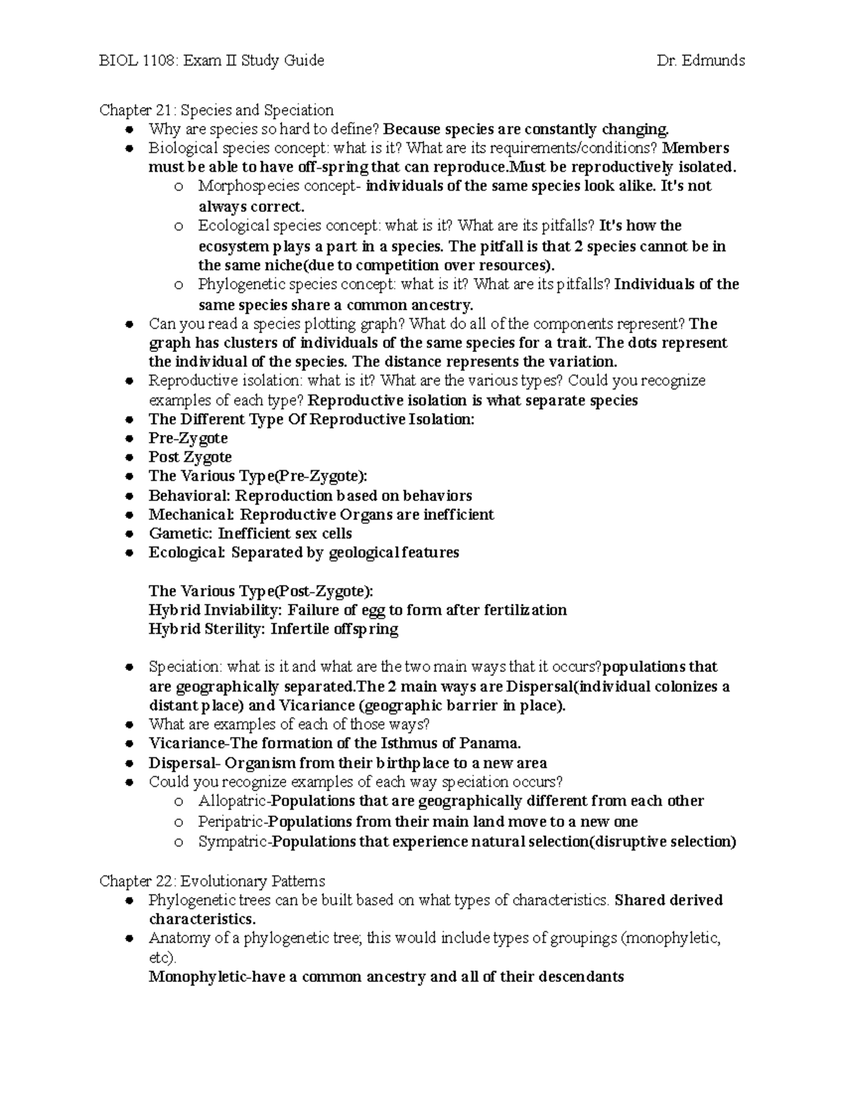 BIOL 1108: Exam II Study Guide on Species & Evolution Concepts - Studocu