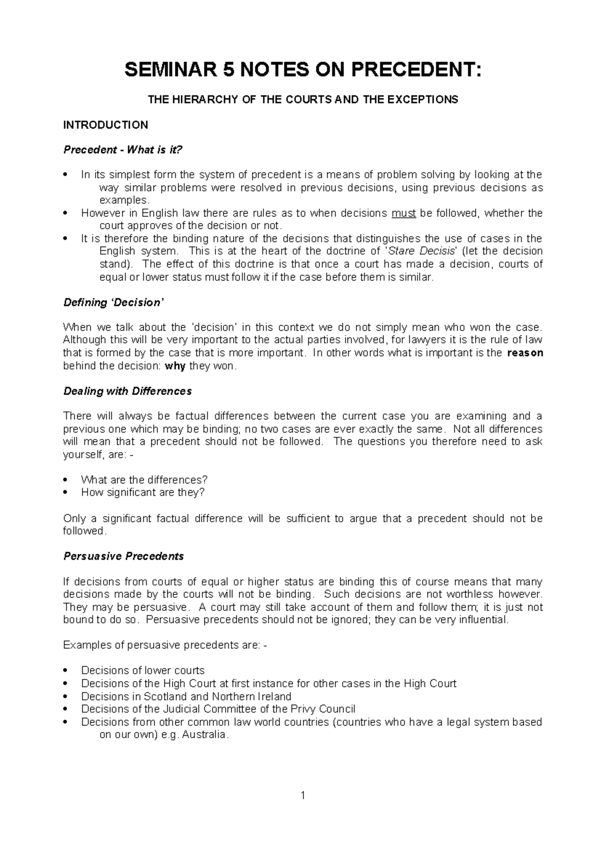 Precedent HL & SC - easy to understand - SEMINAR 5 NOTES ON PRECEDENT ...