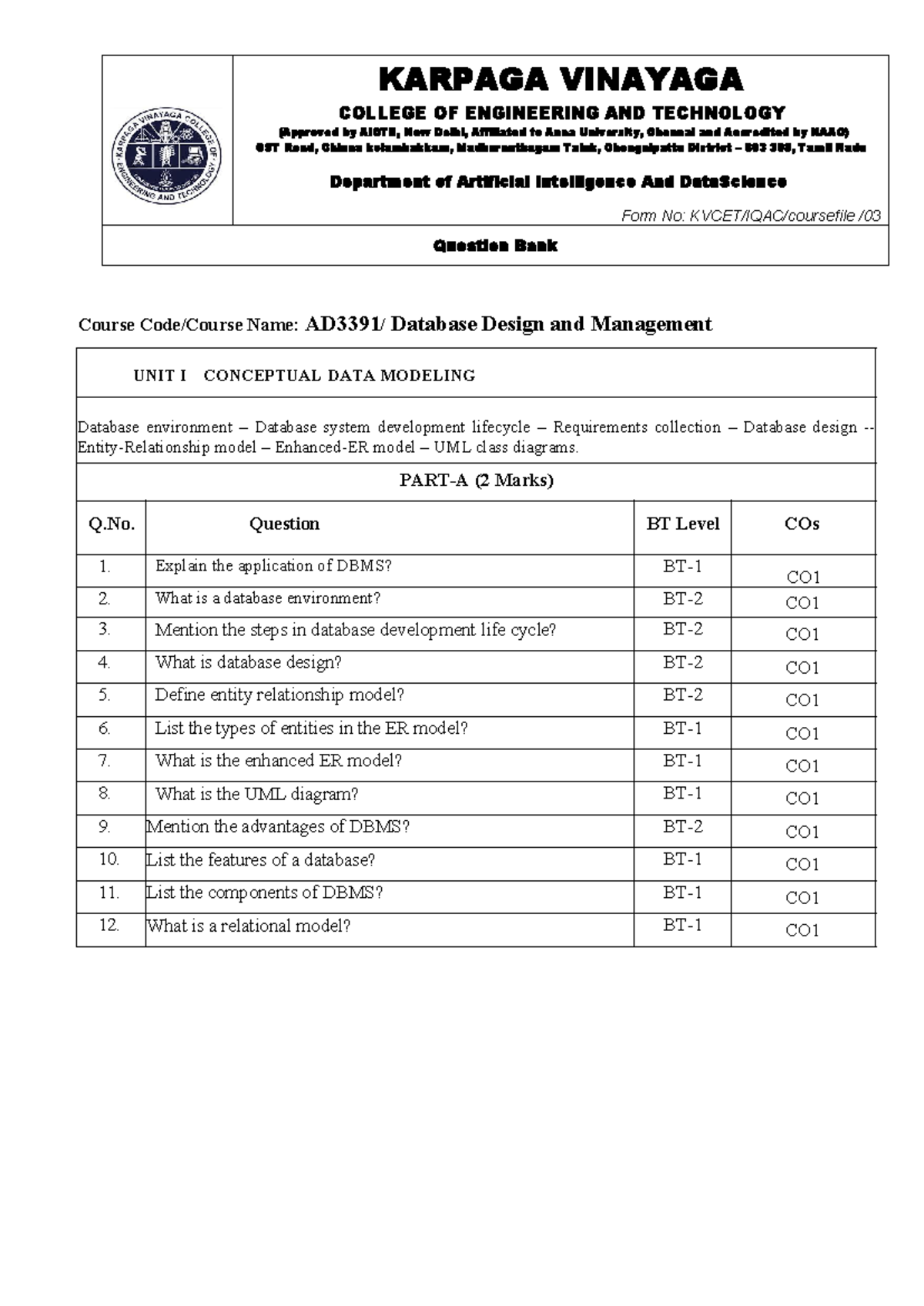 Question Bank for AD3391: Database Design and Management - Studocu