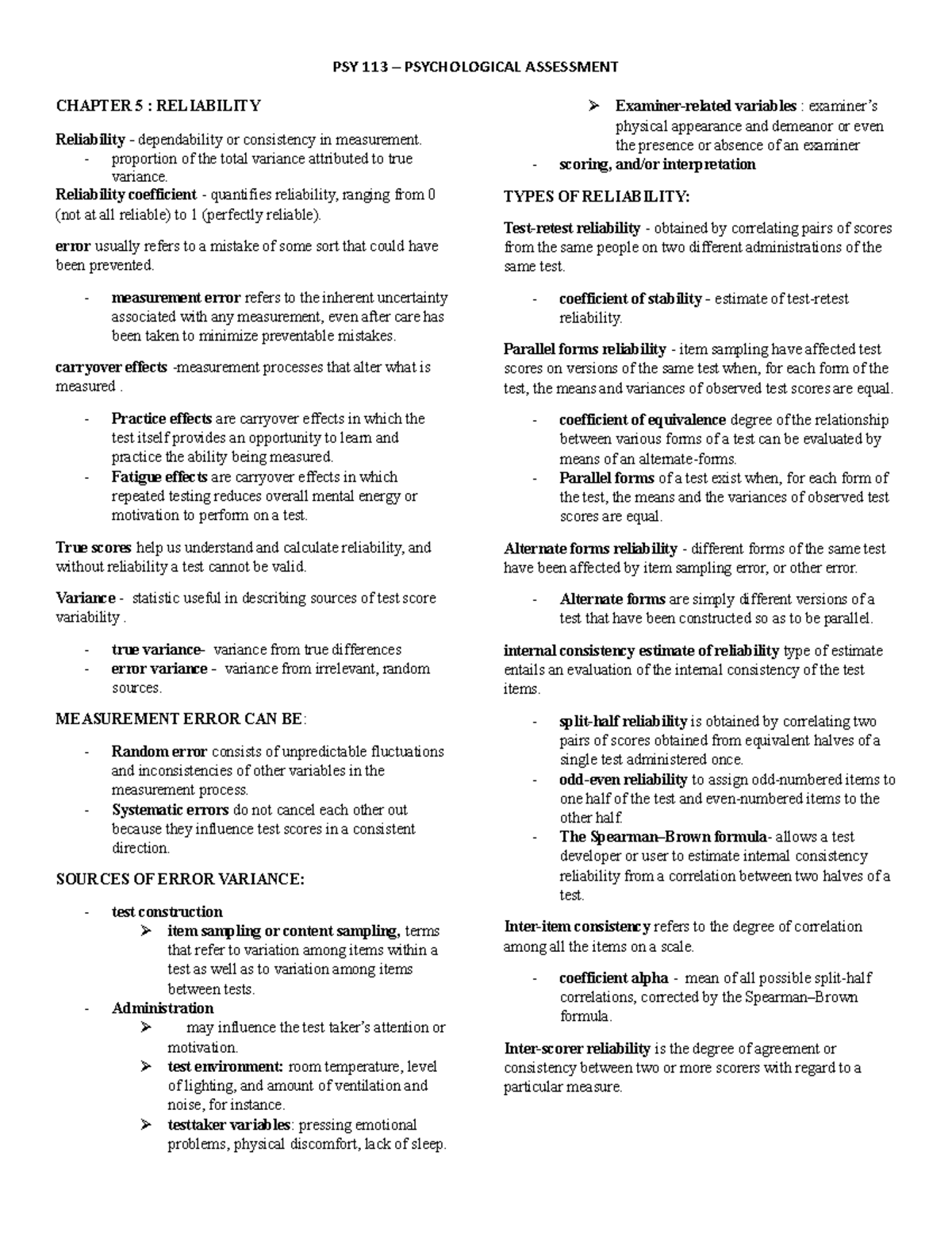 Psy 113 Midterm Lecture Notes On Reliability And Validity Concepts
