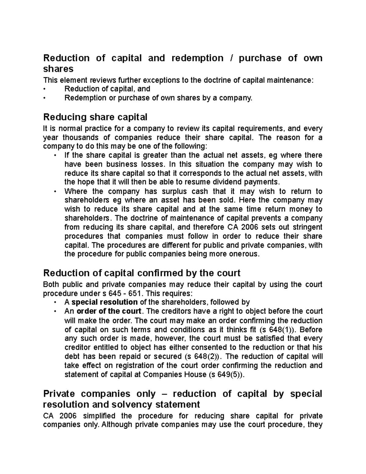 Exceptions to Capital Maintenance Doctrine: Reduction & Redemption ...