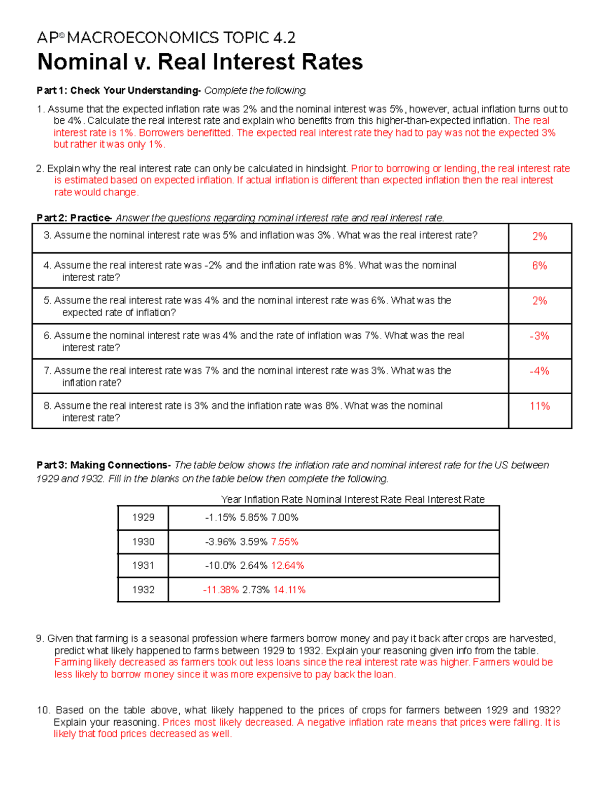 Macro Econ Topic 4.2: Nominal vs. Real Interest Rates Analysis Answers ...