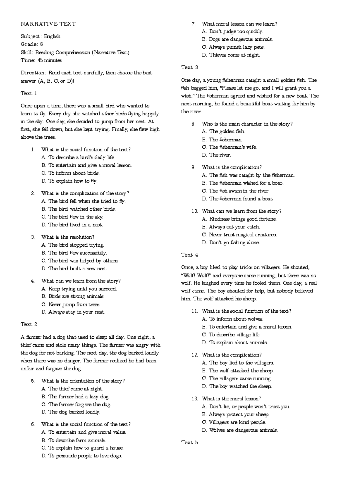 Narrative Text Analysis for English B - Grade 8 - Studocu