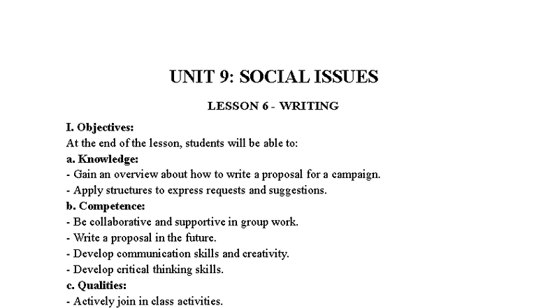 UNIT 9: SOCIAL ISSUES - LESSON 6 PROPOSAL WRITING GUIDE - Studocu
