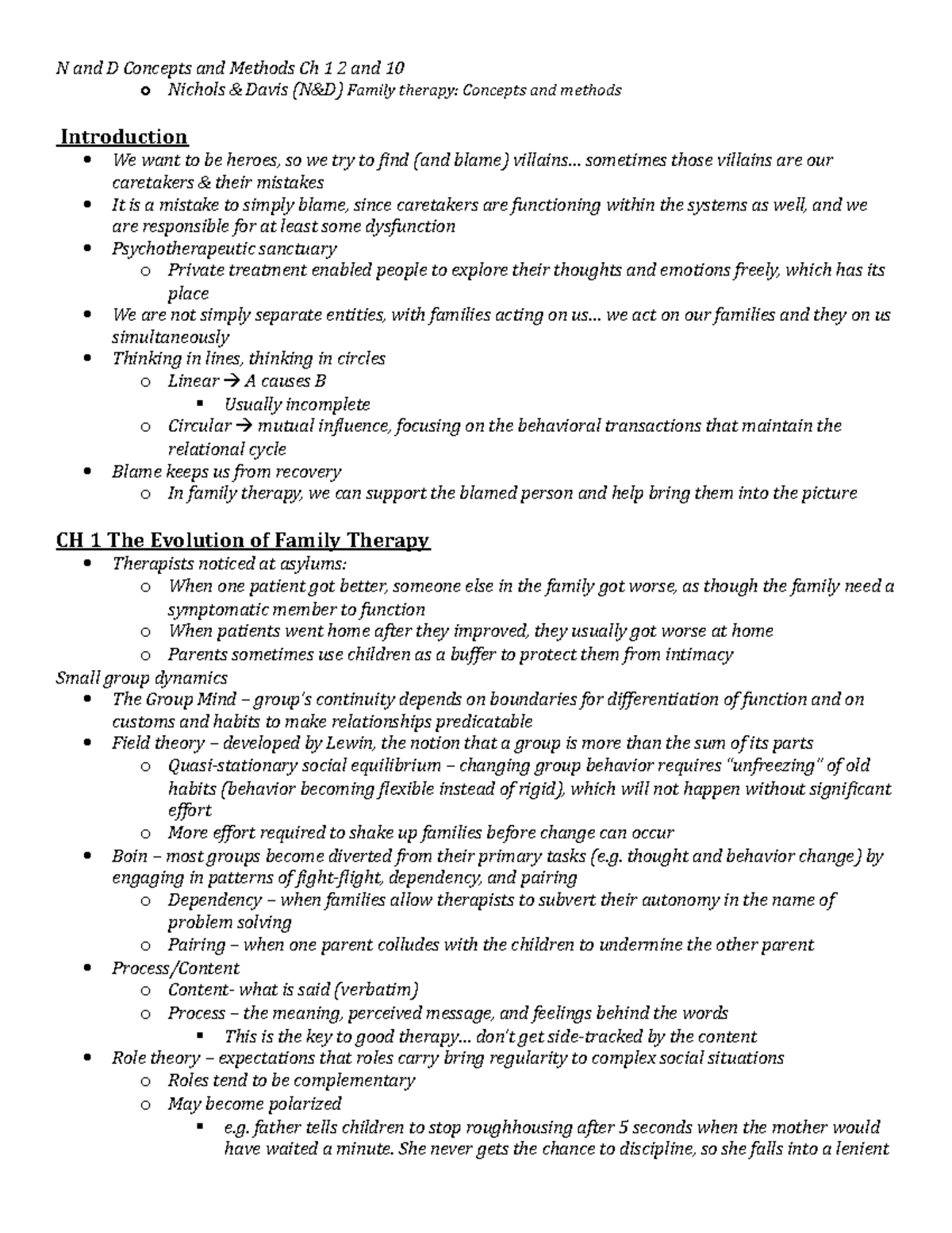 N&D Family Therapy Concepts and Methods: Ch 1, 2 & 10 Overview - Studocu