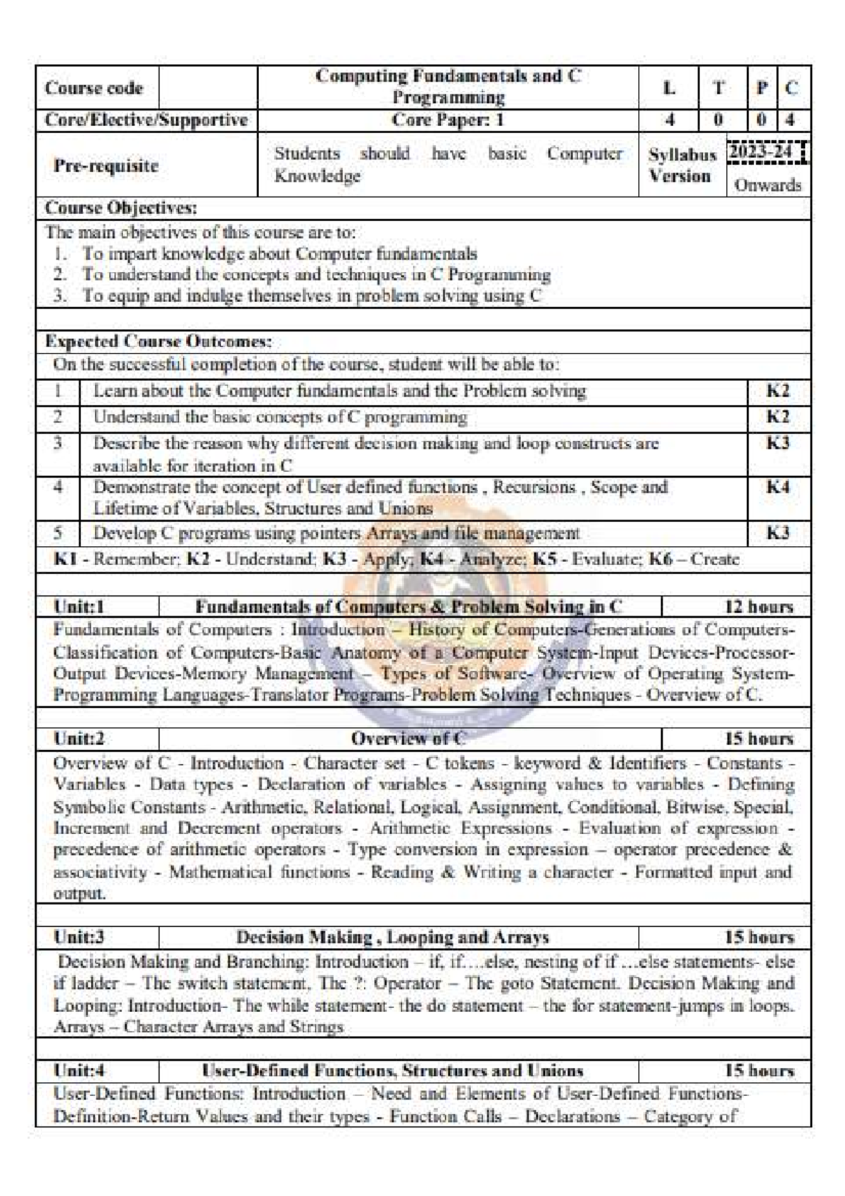 C Syllabus - Computing Fundamentals & C Programming (Core Paper) - Studocu