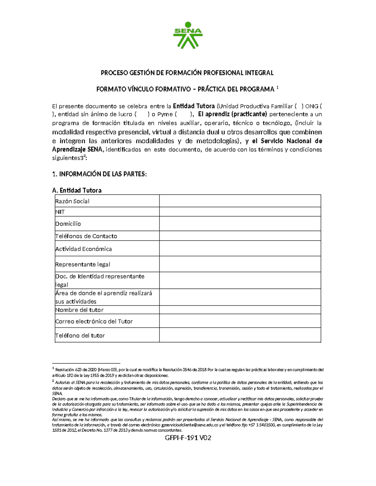 Formato de Vínculo Formativo - GFPI-F_191V02 para Práctica Laboral ...