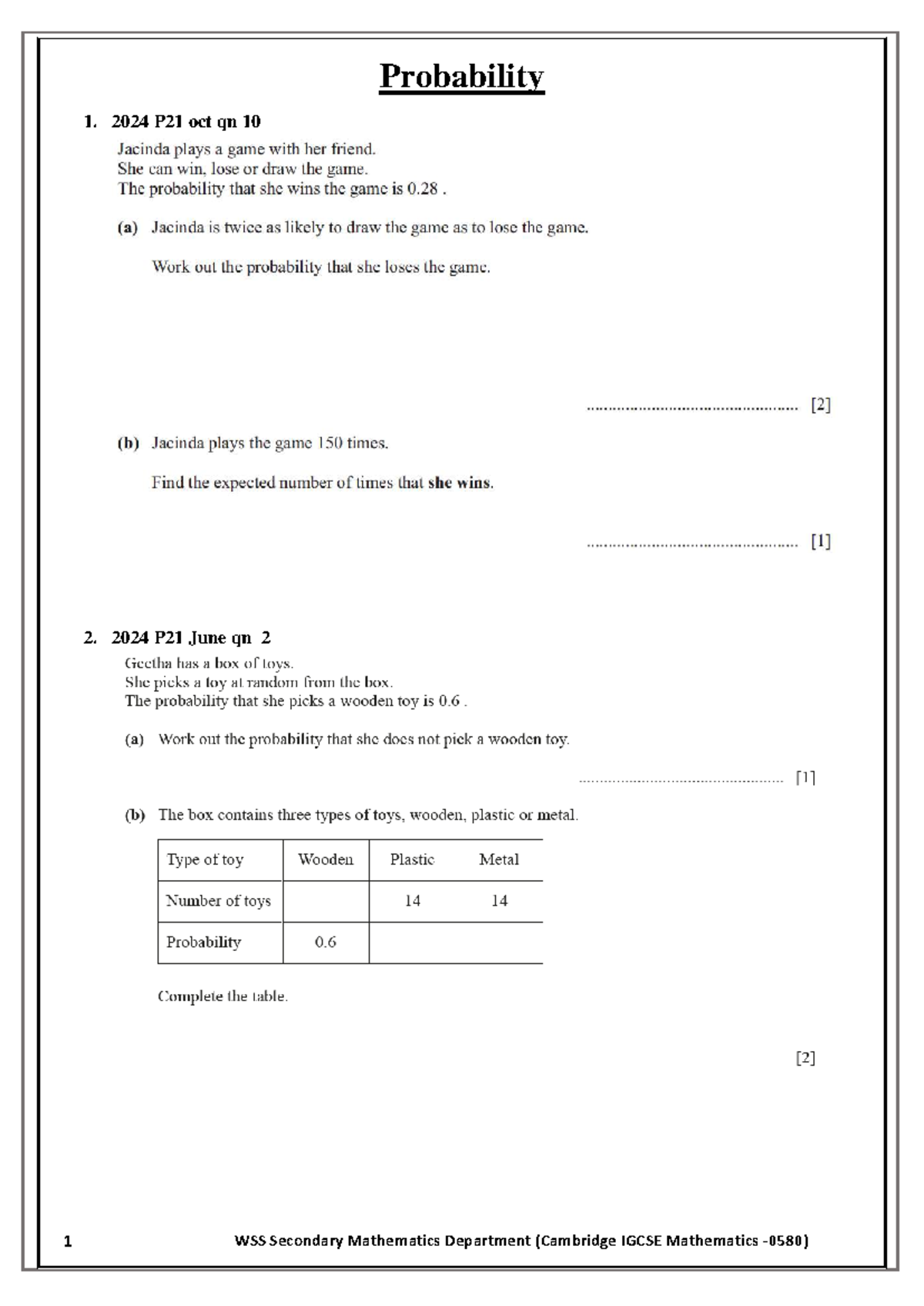 Probability P2 - Cambridge IGCSE Mathematics Exam Questions - Studocu