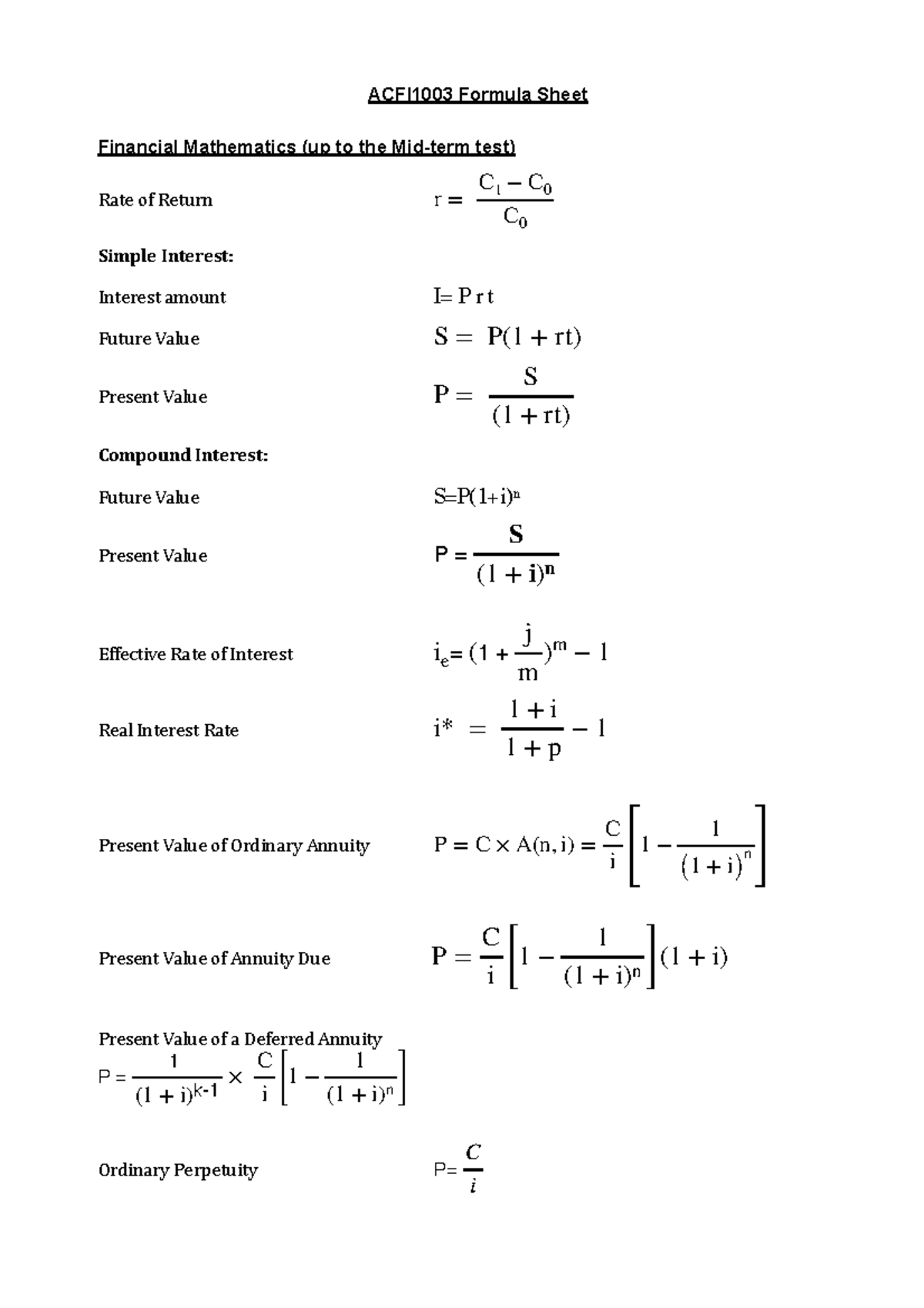 ACFI1003 Financial Math Formula Sheet - Midterm Review Guide - Studocu