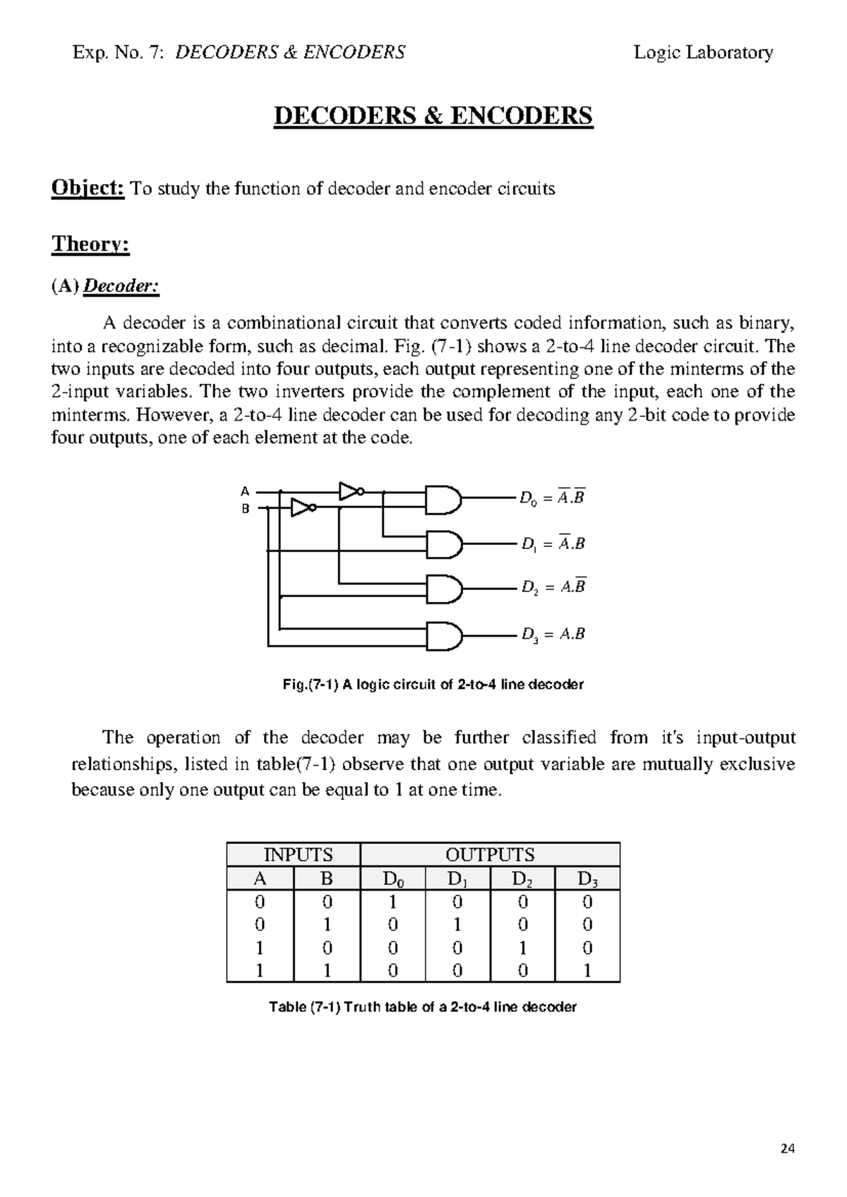 Decoder And Encoder - Exp. No. 7: DECODERS & ENCODERS Logic Laboratory ...