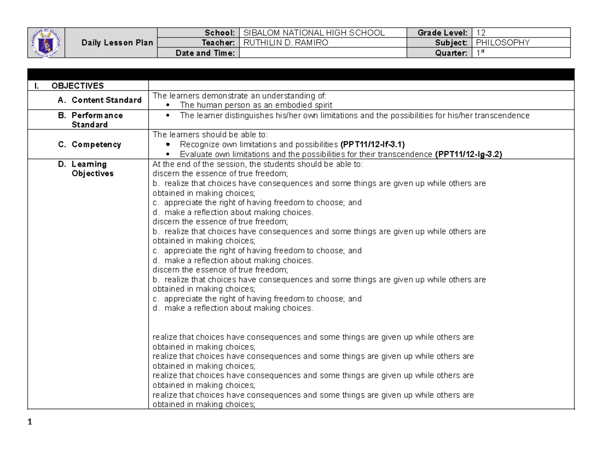 Daily Lesson Plan: Understanding the Human Person in Philosophy (PHIL ...