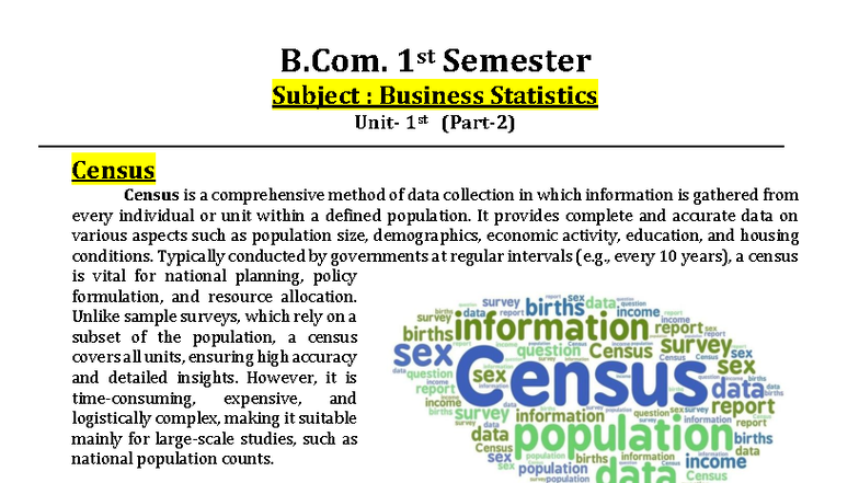 B.Com. 1st Sem: Business Statistics - Census & Sampling Notes - Studocu