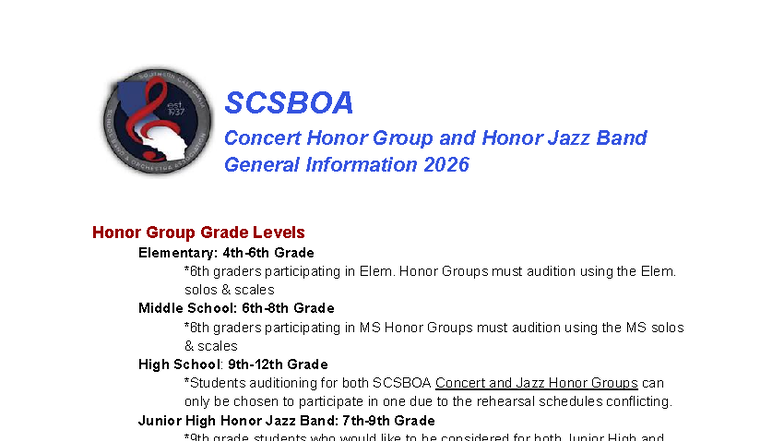 SCSBOA Honor Group & Jazz Band Info 2026: Audition Details - Studocu