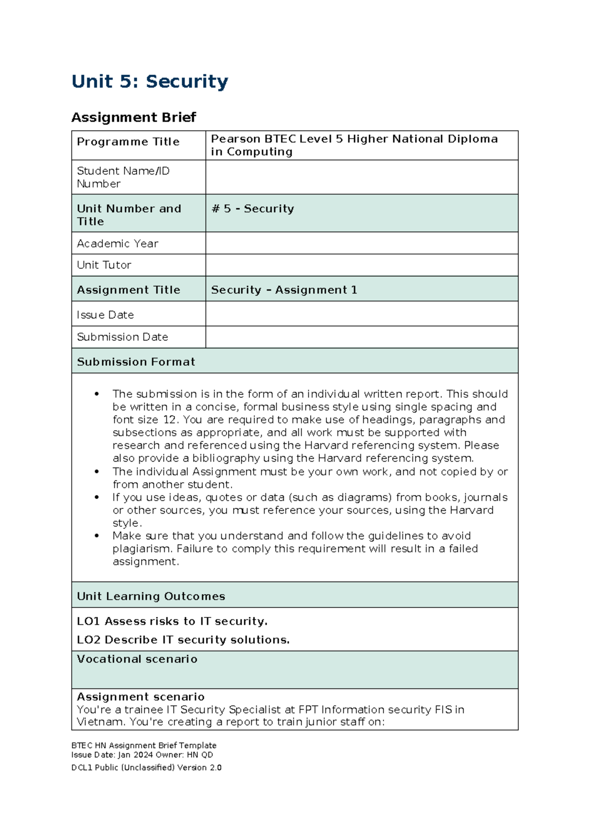 BTEC HN Level 5 Unit 5 Security Assignment Brief 1 Update - Studocu
