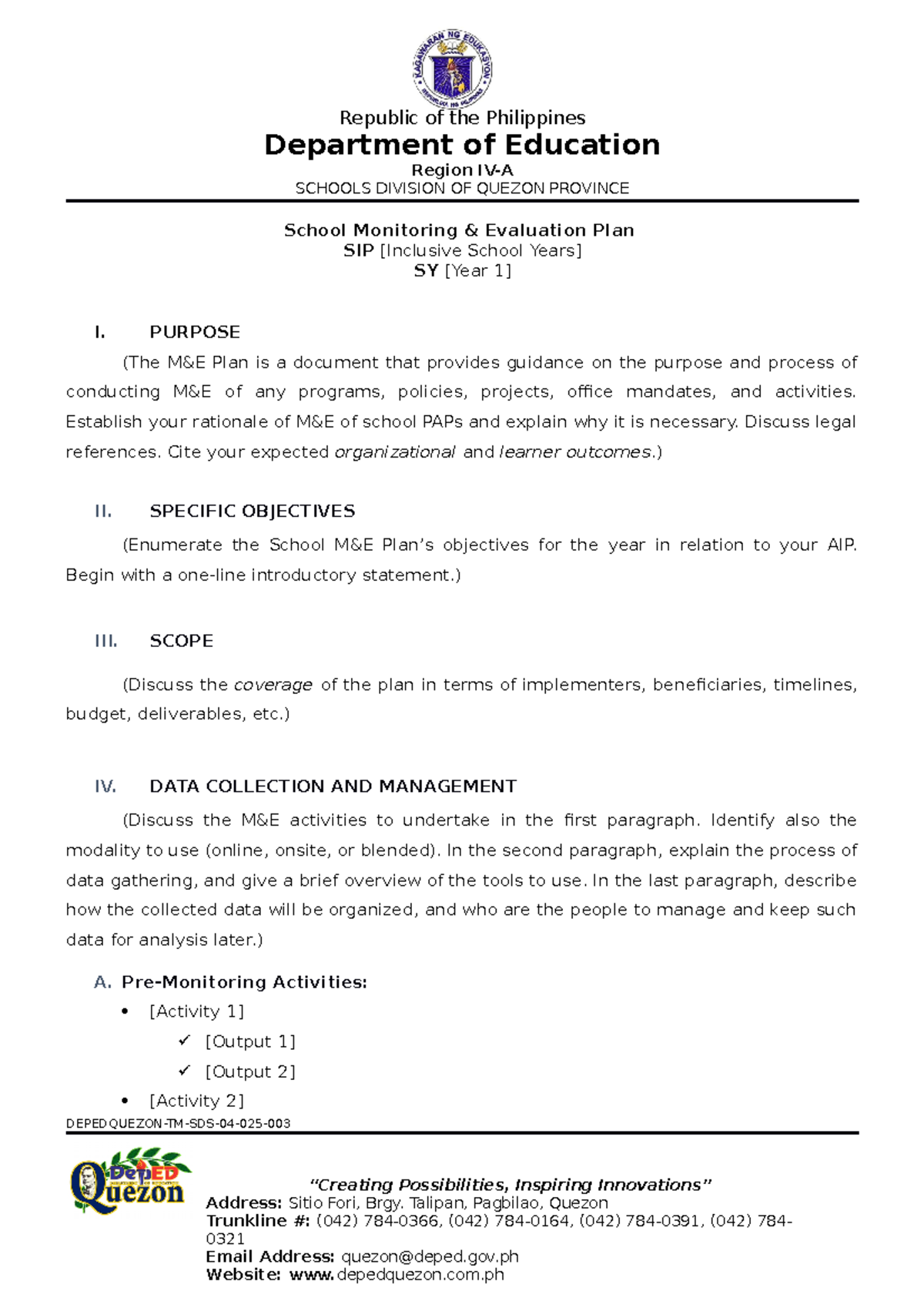 School ME Plan Template with Comprehensive Guide (DEPEDQUEZON-TM-SDS-04 ...