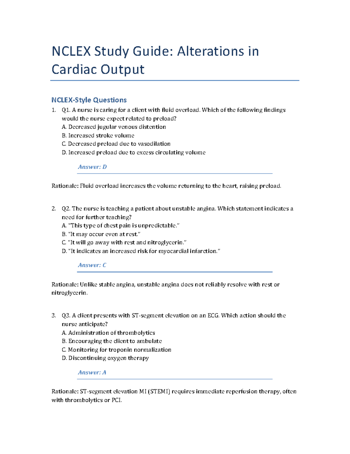 NCLEX Study Guide: Cardiac Output & Related Concepts - Studocu