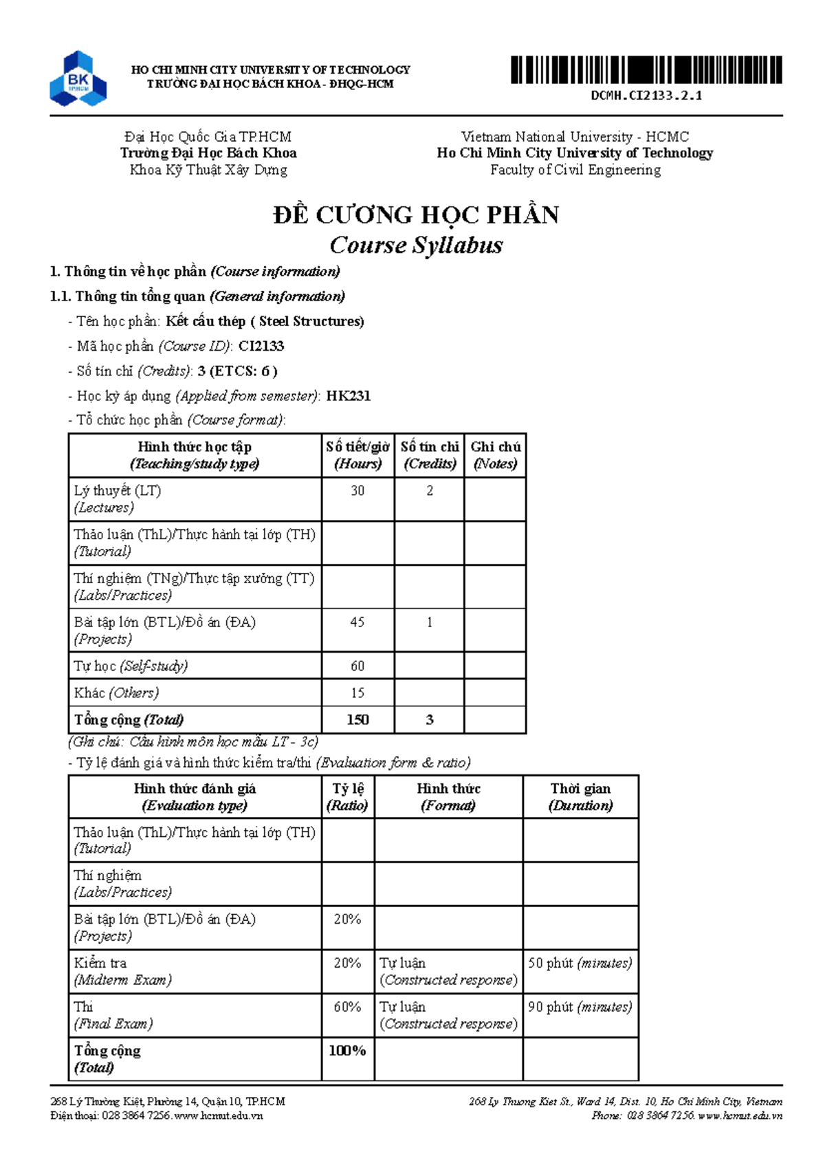 DCMH.CI2133 Course Syllabus: Steel Structures Overview and Details ...